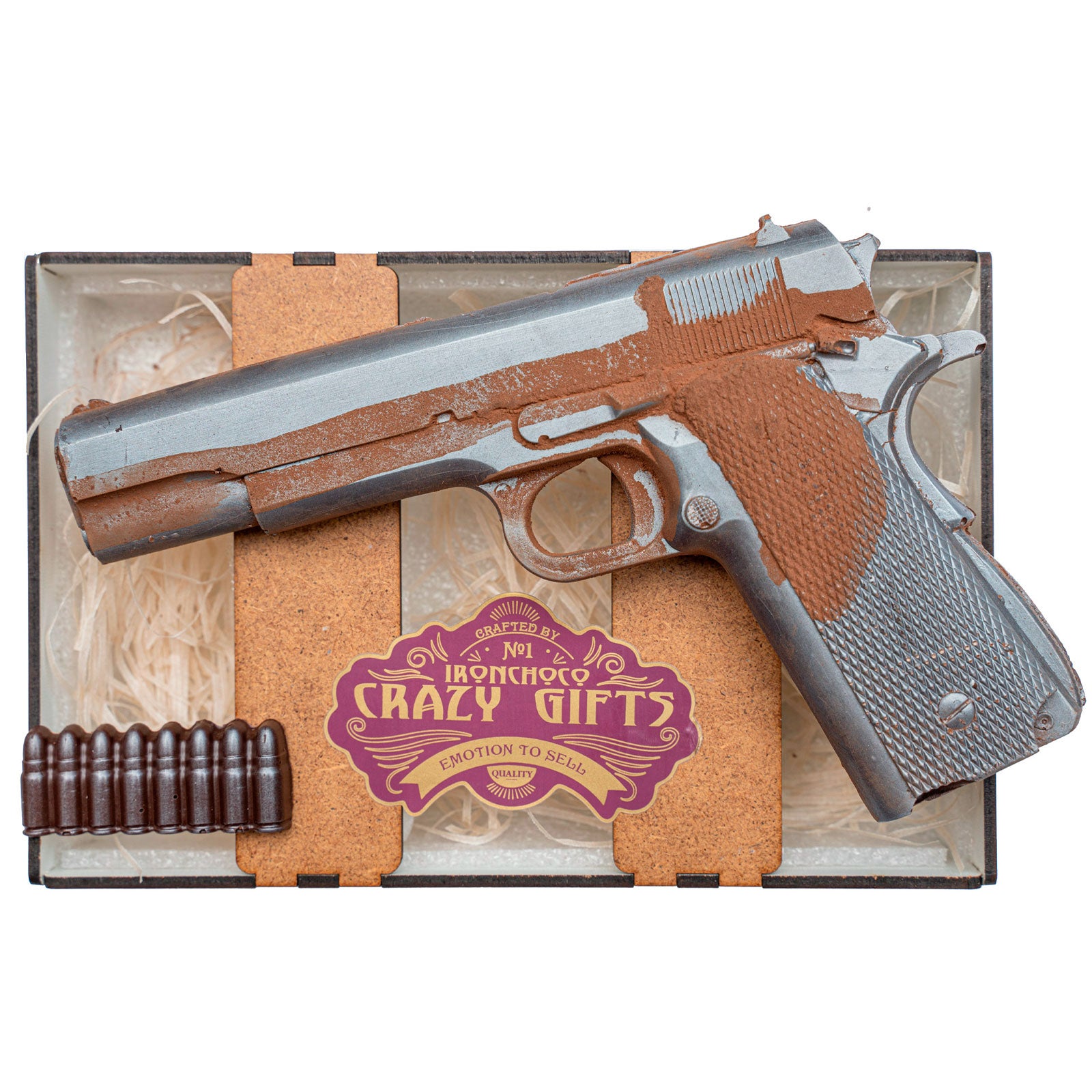 Life sized solid dark chocolate gun with bullets. | Fancy Chocolate Gifts