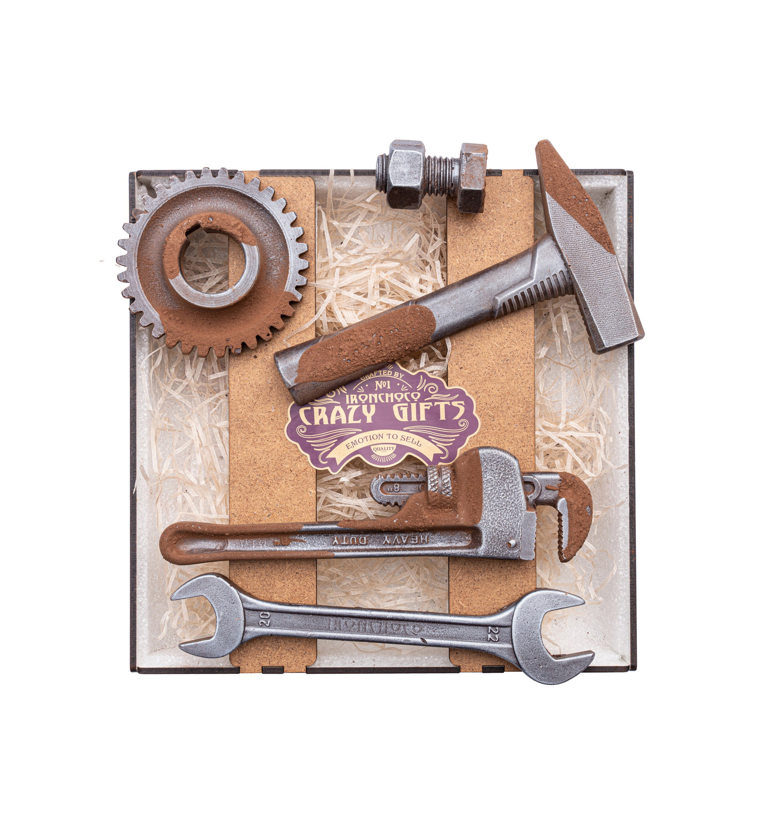 Large set of chocolate tools. Rusty chocolate wrenches, hummer, gear ...